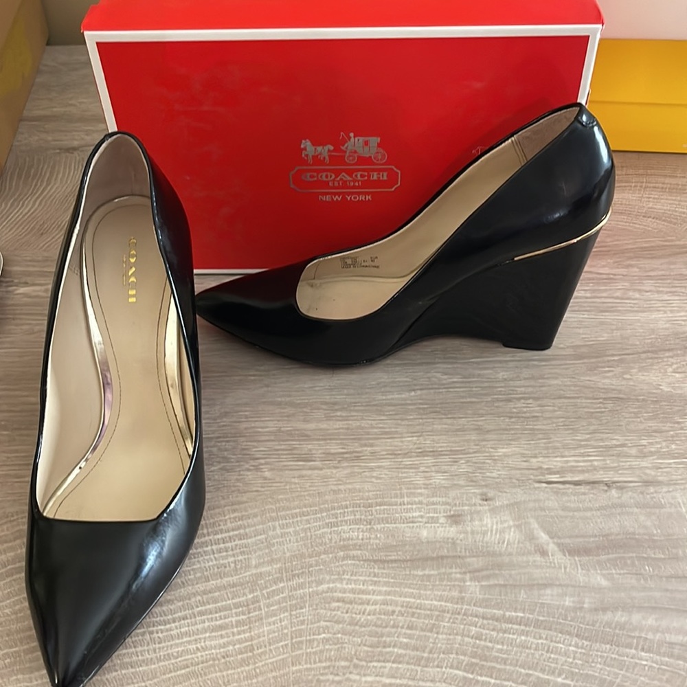Coach Black Patent Wedge Heel With Gold Detail - Gem